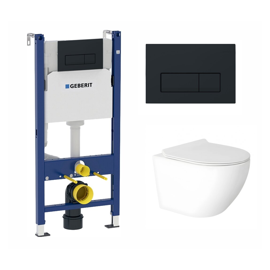 Комплект 3 в 1 инсталляция Geberit Duofix + Подвесной унитаз Enio Indigo с кнопкой Delta 50 черной матовой 111.153.00.1+111.839.00.1+115.119.14.1 + EN2870533