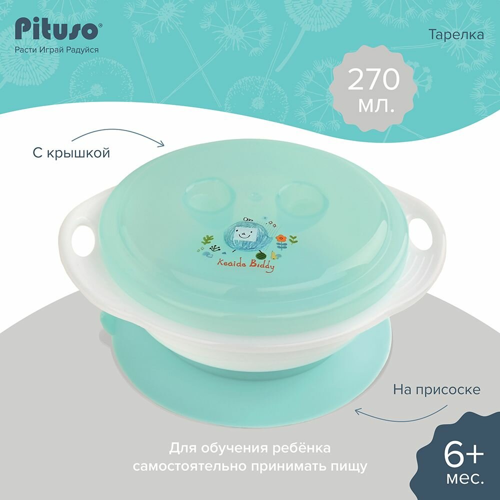 Тарелка детская на присоске с крышкой Pituso 270 мл Mint (Мятный)