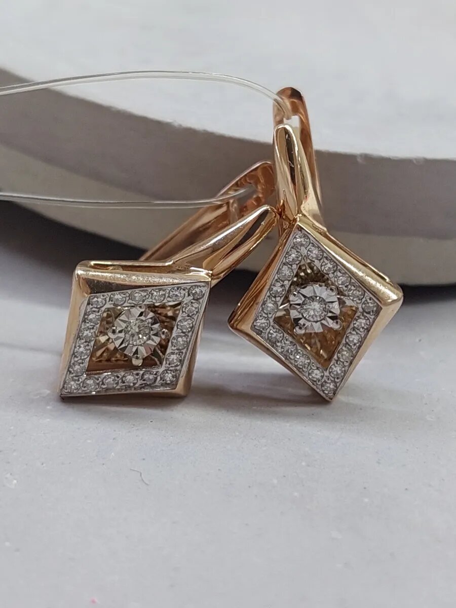 Серьги, красное золото, 585 проба, родирование, бриллиант