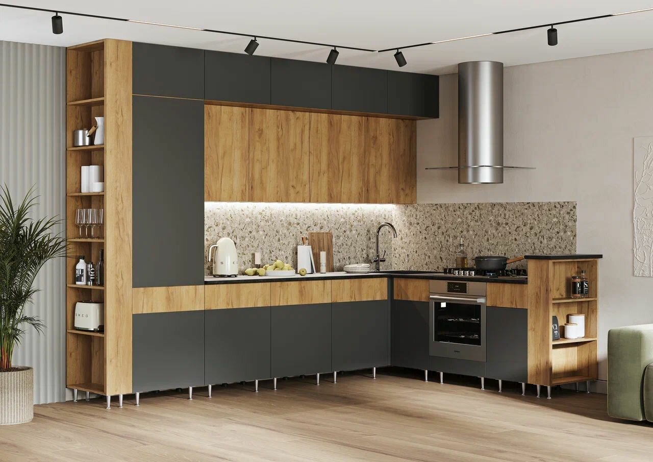 Кухня Техно-5 3,2*2,24м Дуб Крафт/Графит Софт, корпус Дуб Крафт (Кастилло темный)