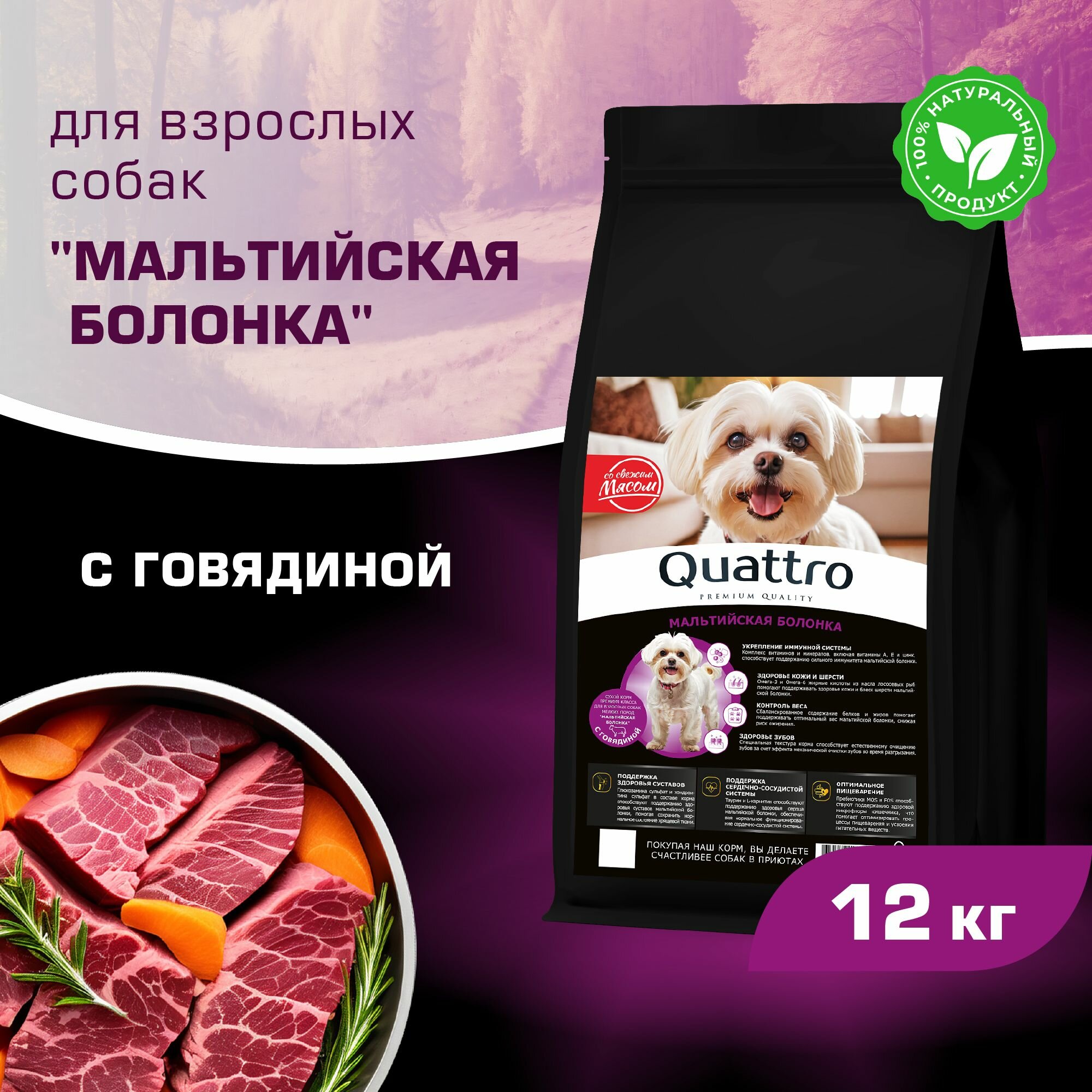Quattro корм для взрослых собак породы Мальтийская болонка, с говядиной 12 кг