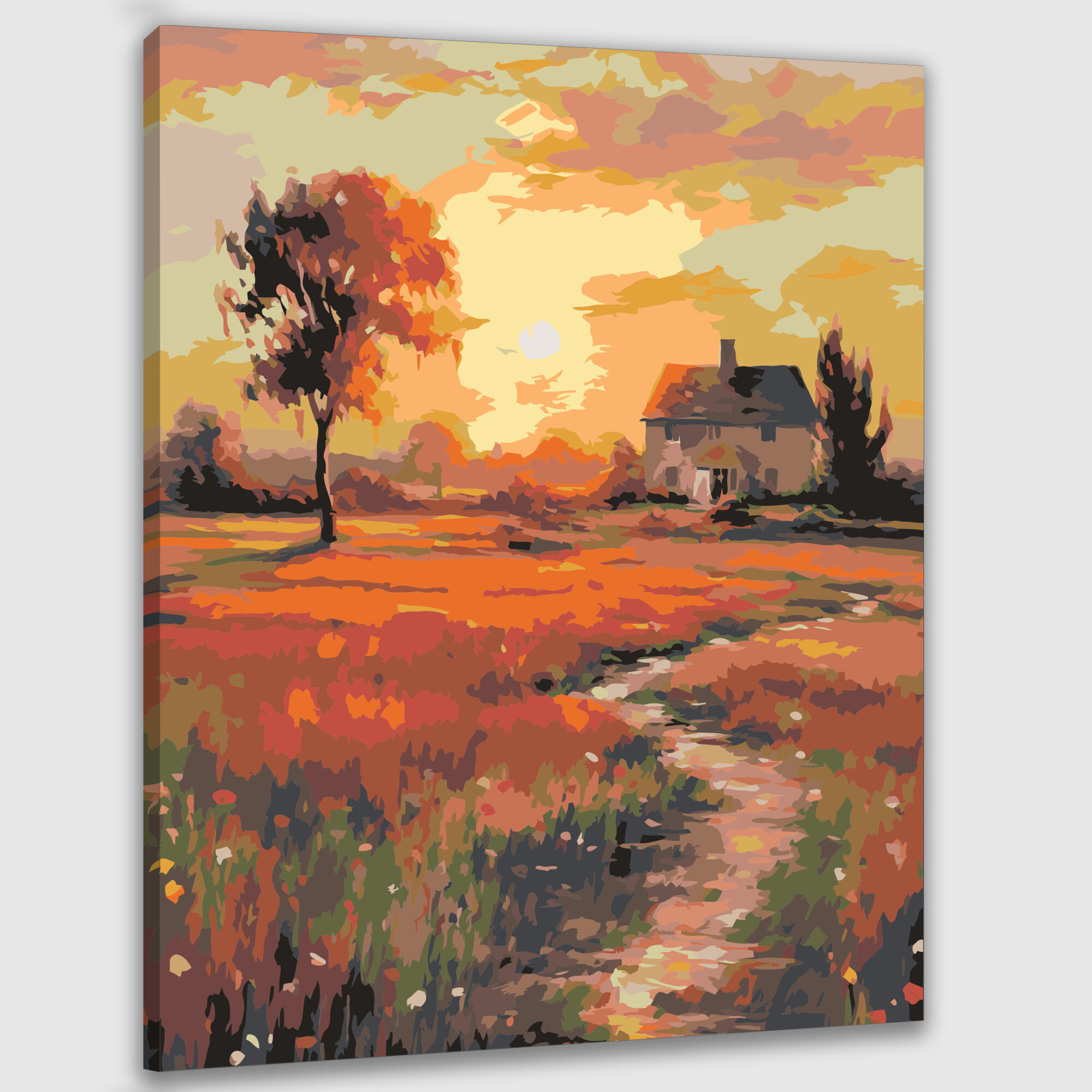 Картина по номерам 40x50 см, импрессионизм, масляная живопись, яркие цвета, сельский пейзаж, золотистый свет, поля