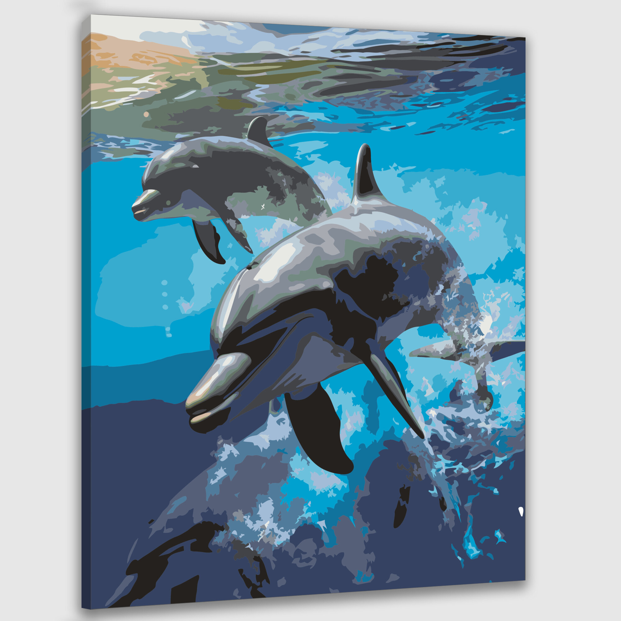 Картина по номерам 40x50 см, дельфины, фотография, красота, вода, плывущие, изящные тела, волны, энергия, движение