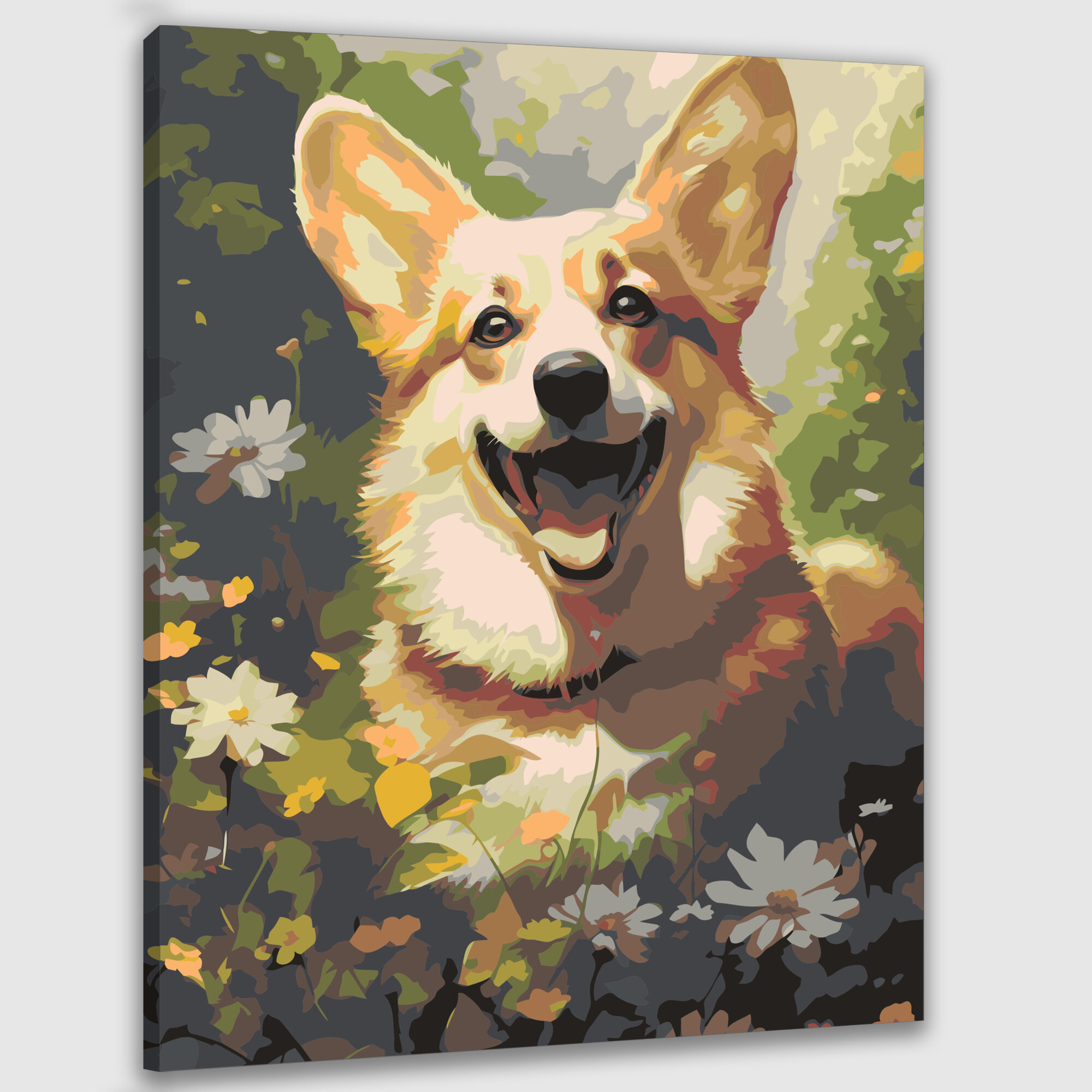 Картина по номерам 40x50 см, яркая, цифровая картина, радостный корги, высунутый язык, широкая улыбка, морда