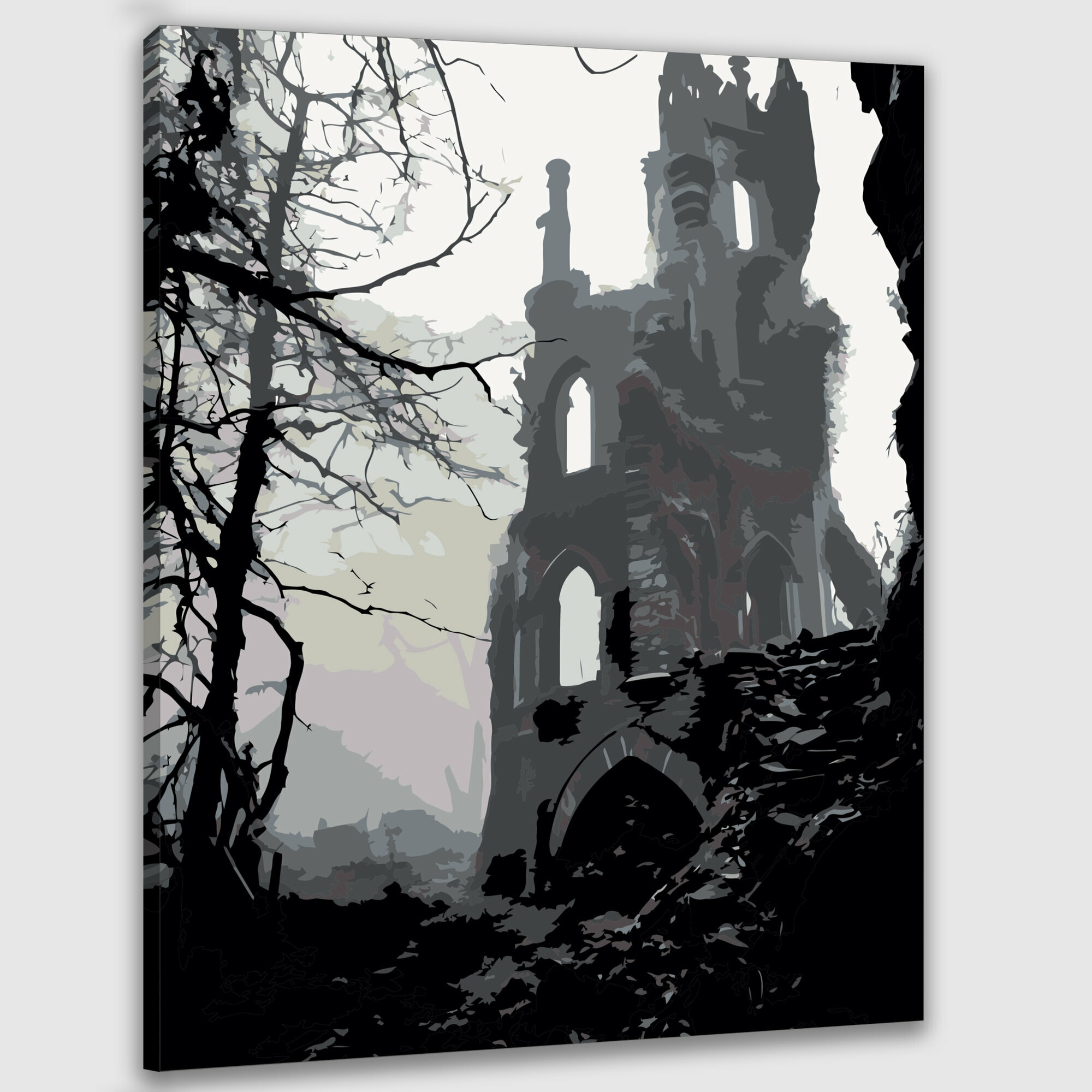 Картина по номерам 40x50 см, заброшенный замок, черно-белая фотография, туман, разросшаяся растительност, руины