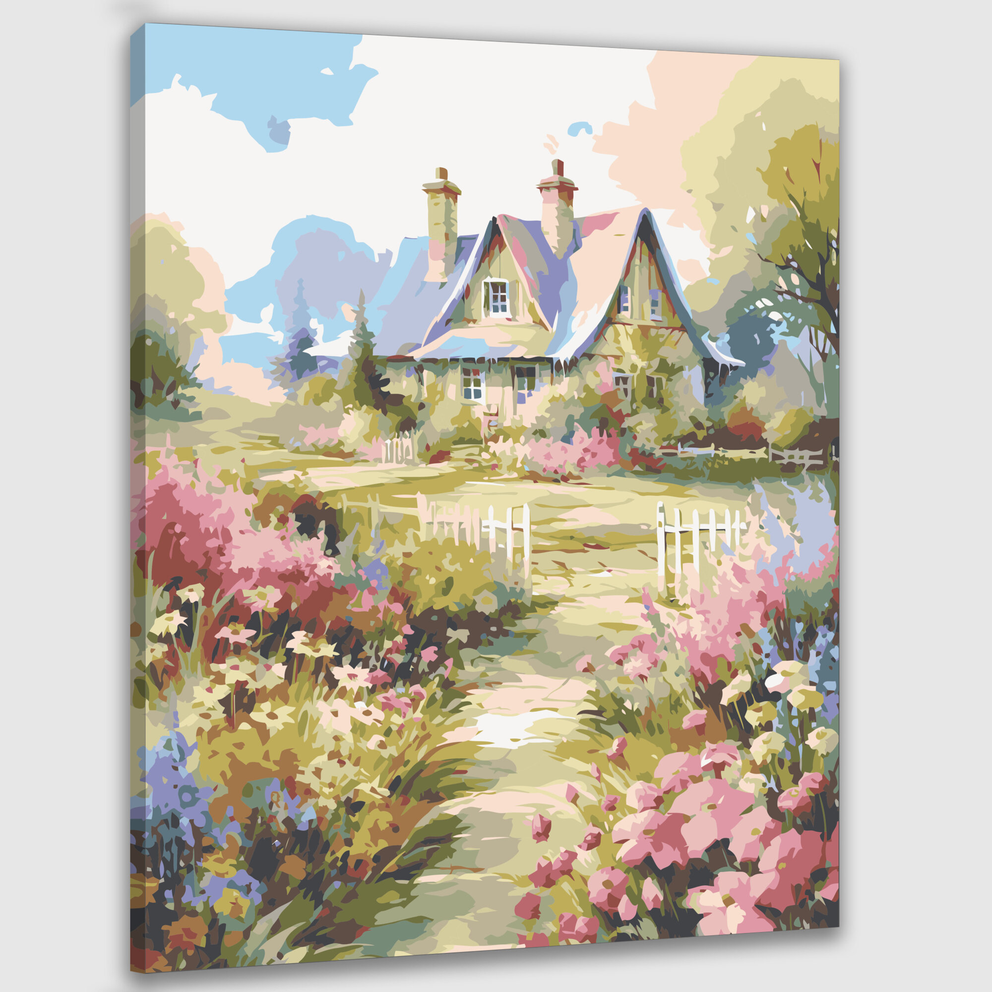 Картина по номерам 40x50 см, картина, акварель, коттедж, цветочный сад, соломенная крыша, яркие ставни, розы