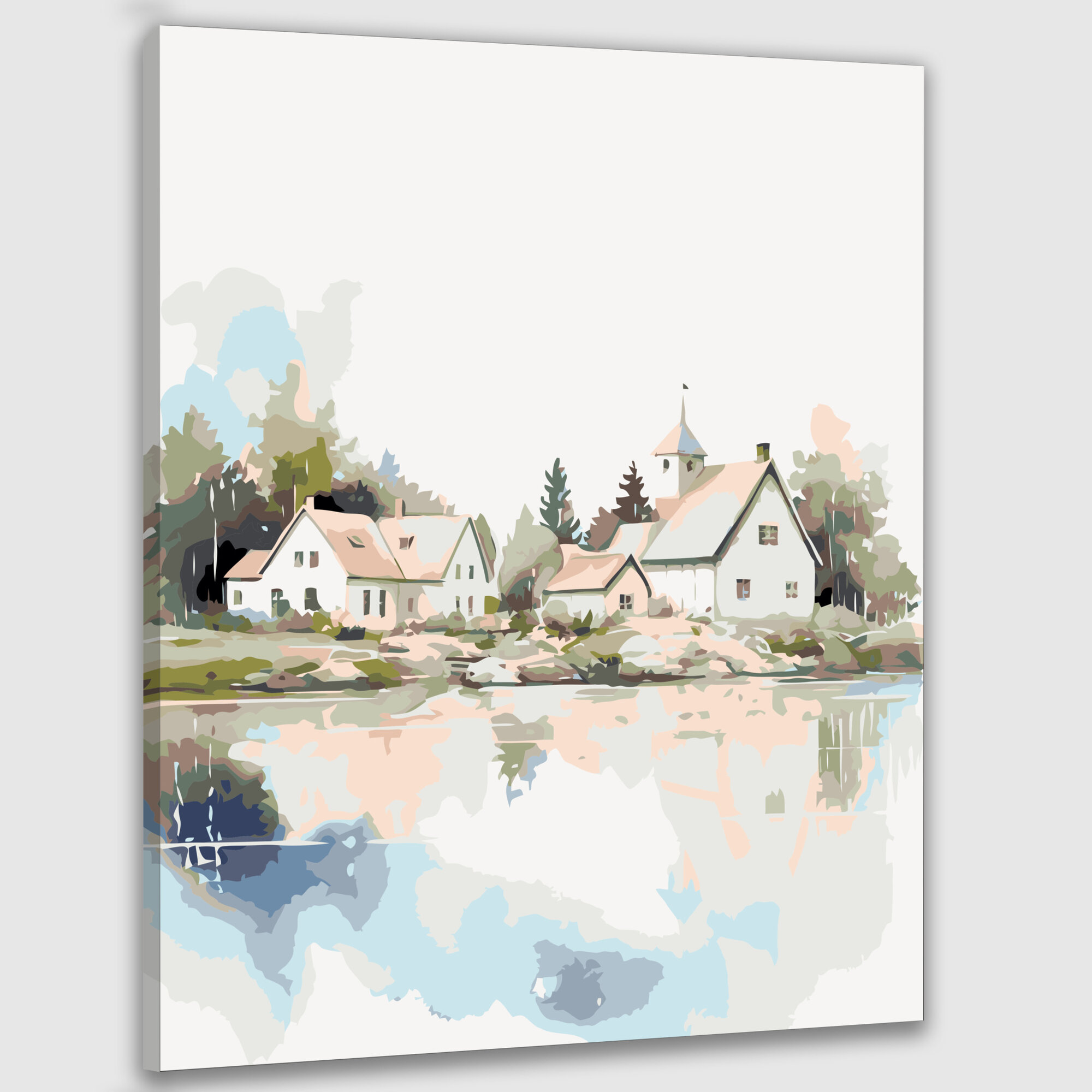 Картина по номерам 40x50 см, акварель, иллюстрация, скандинавская деревня, минималистский дизайн, белые дома