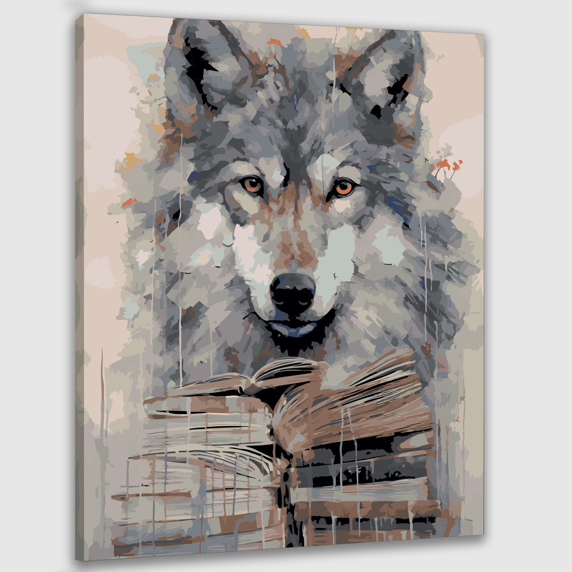 Картина по номерам 40x50 см, волк, страницы книг, смешанная техника, символизм, мудрость, глубокие знания
