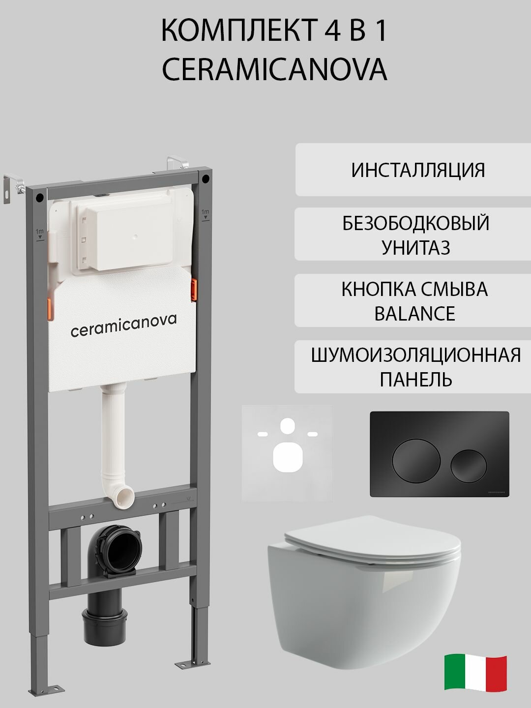 Унитаз с инсталляцией Ceramicanova Форма (Forma) CN3009, Баланс (Balance), кнопка Круг, чёрный матовый, безободковый