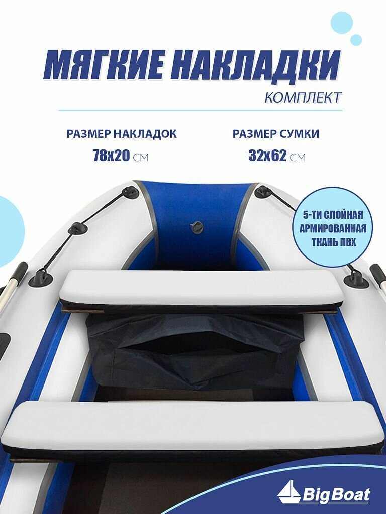 Комплект из 2х мягких накладок одна из них с сумкой на сидение лодки ПВХ, белый, 780х200х40