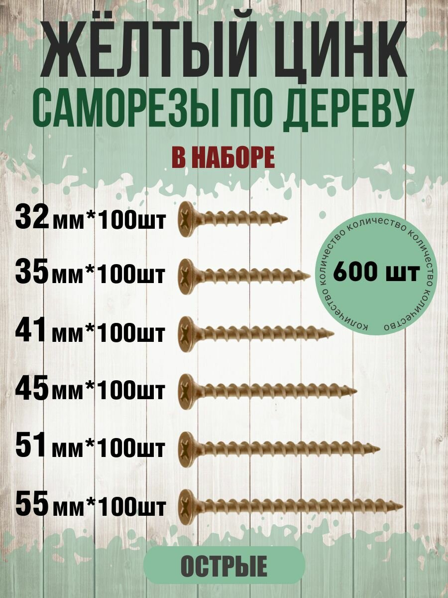 Саморезы по дереву набор GETSTUFF цинк универсальные желтые 600 шт.