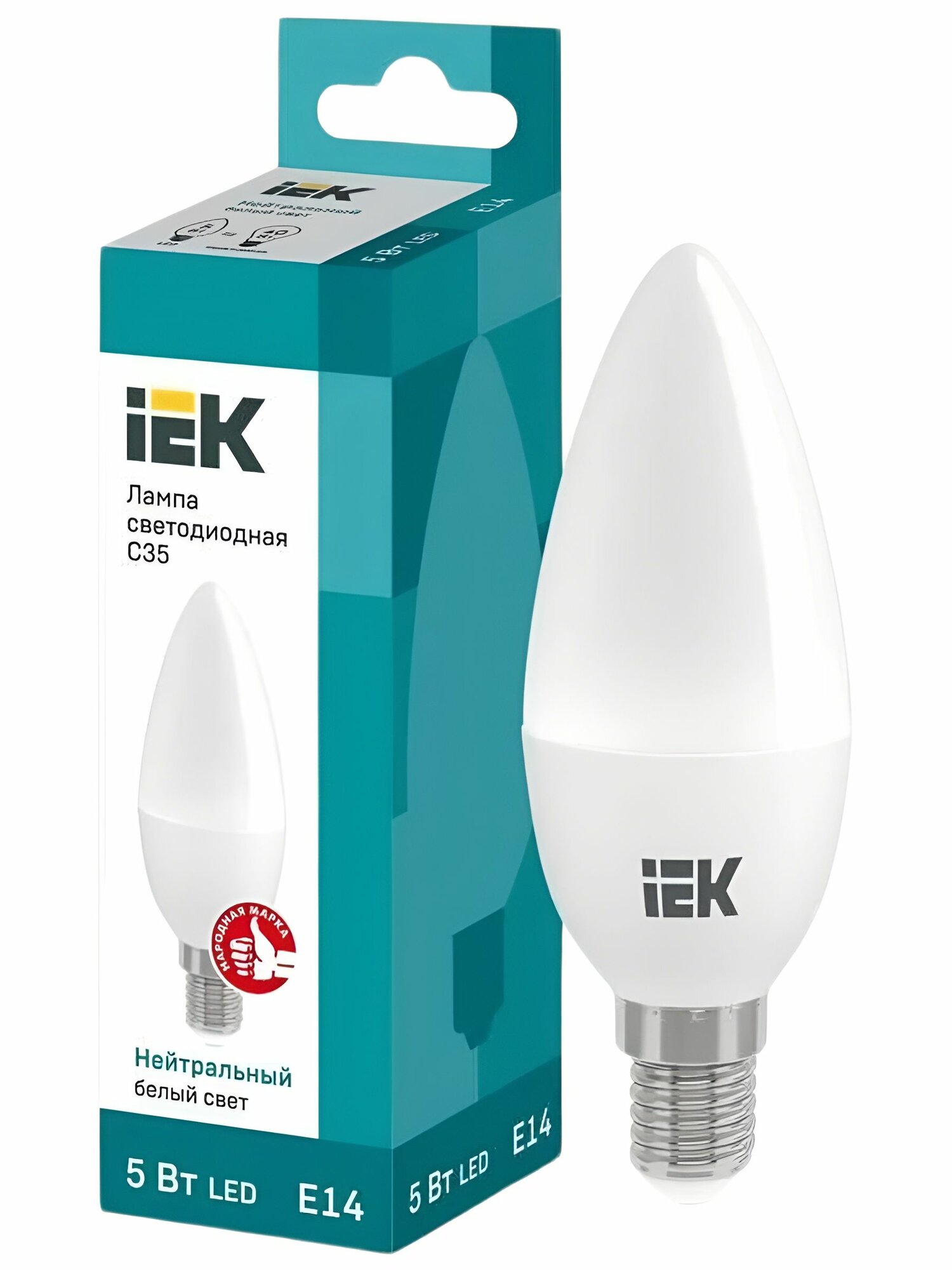 Лампа светодиодная IEK Eco 5Вт, C35, свеча 4000К, нейтр. бел. E14, 450лм, 230-240В, Артикул: LLE-C35-5-230-40-E14.