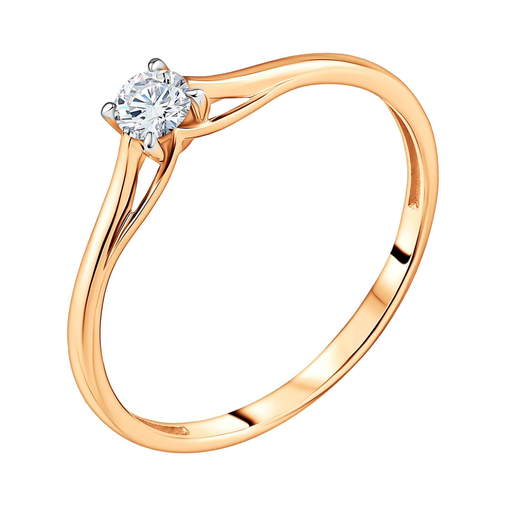 Кольцо помолвочное, тонкое, красное золото, 585 проба, фианит