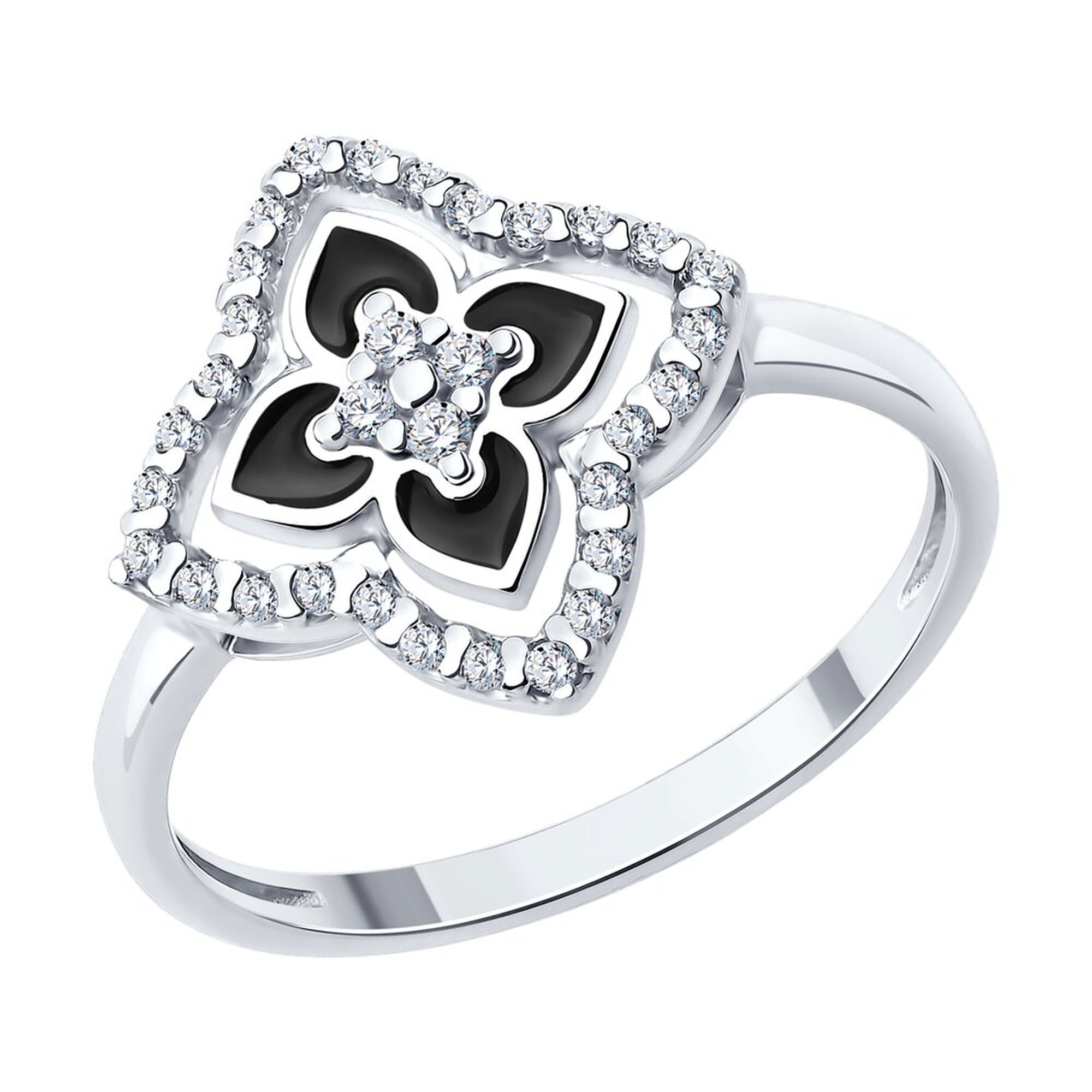 Кольцо, серебро, 925 проба, родирование, фианит, эмаль