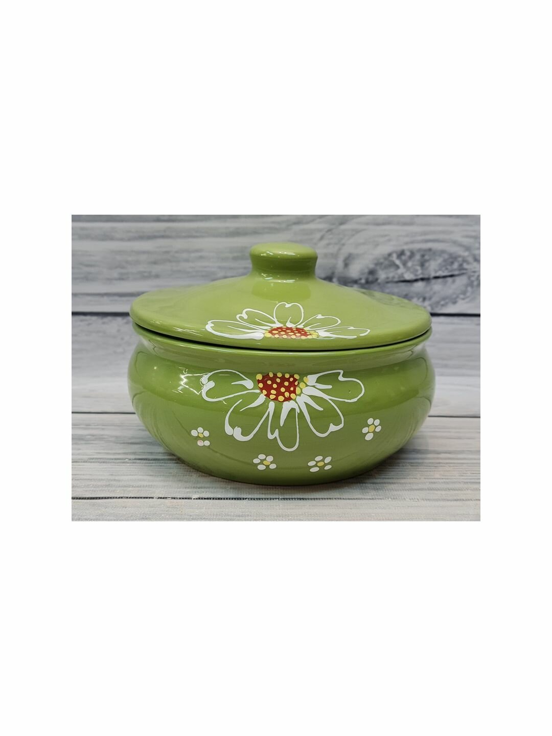 Пельменница малая "Ромашка зеленая", с крышкой, керамика, объем 1.25 л, диаметр 19 см, высота 12 см