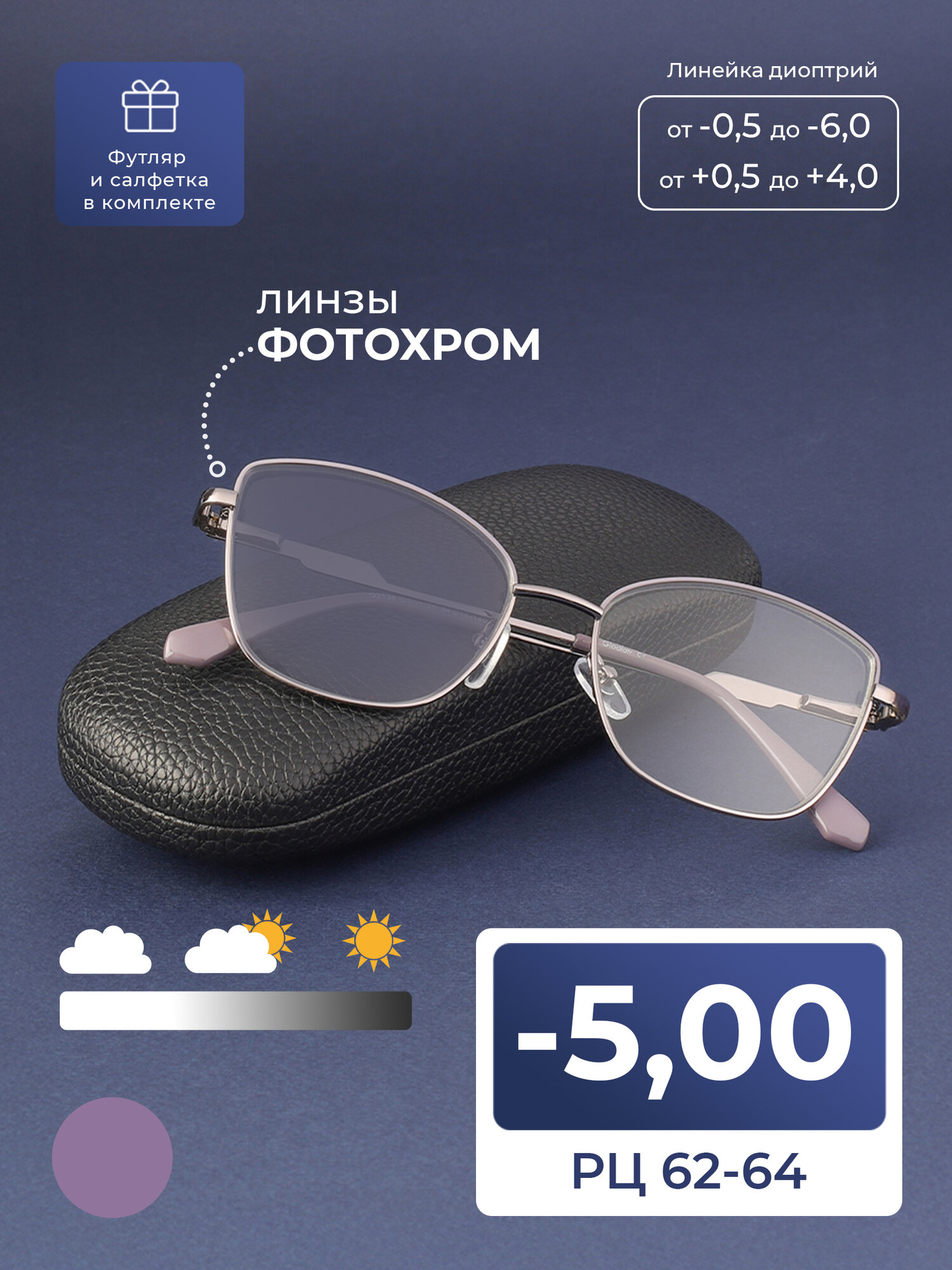 Готовые очки фотохромные с диоптриями женские (-5.00) GLODIATR 2138 C2, фотохром, UV-400, BLUE BLOCKER, цвет фиолетовый, с футляром, стигматические, РЦ 62-64
