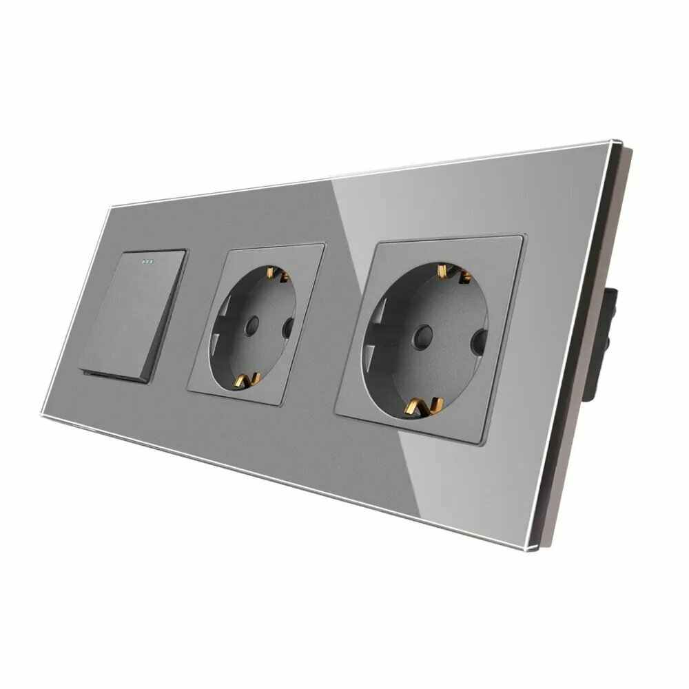 Проходной Выключатель механический с розеткой, 1 клавиша 2 розетки, 3 поста , рамка стекло 228х86мм, цвет серый