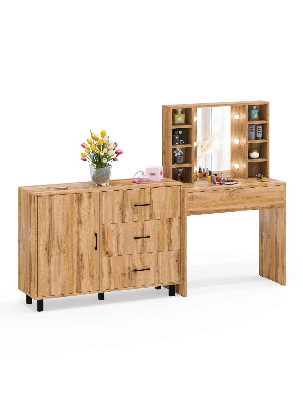 Туалетный столик с подсветкой 115 и комод с дверкой и 3-мя ящиками 122-1204, дуб вотан, 210,4х40х143,2 см