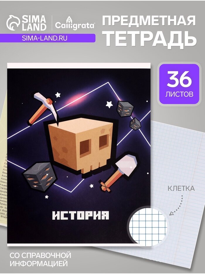 Предметная тетрадь по истории Calligrata Пиксели, 36 листов, в клетку, со справочным материалом, обложка из мелованного картона, 10 шт.