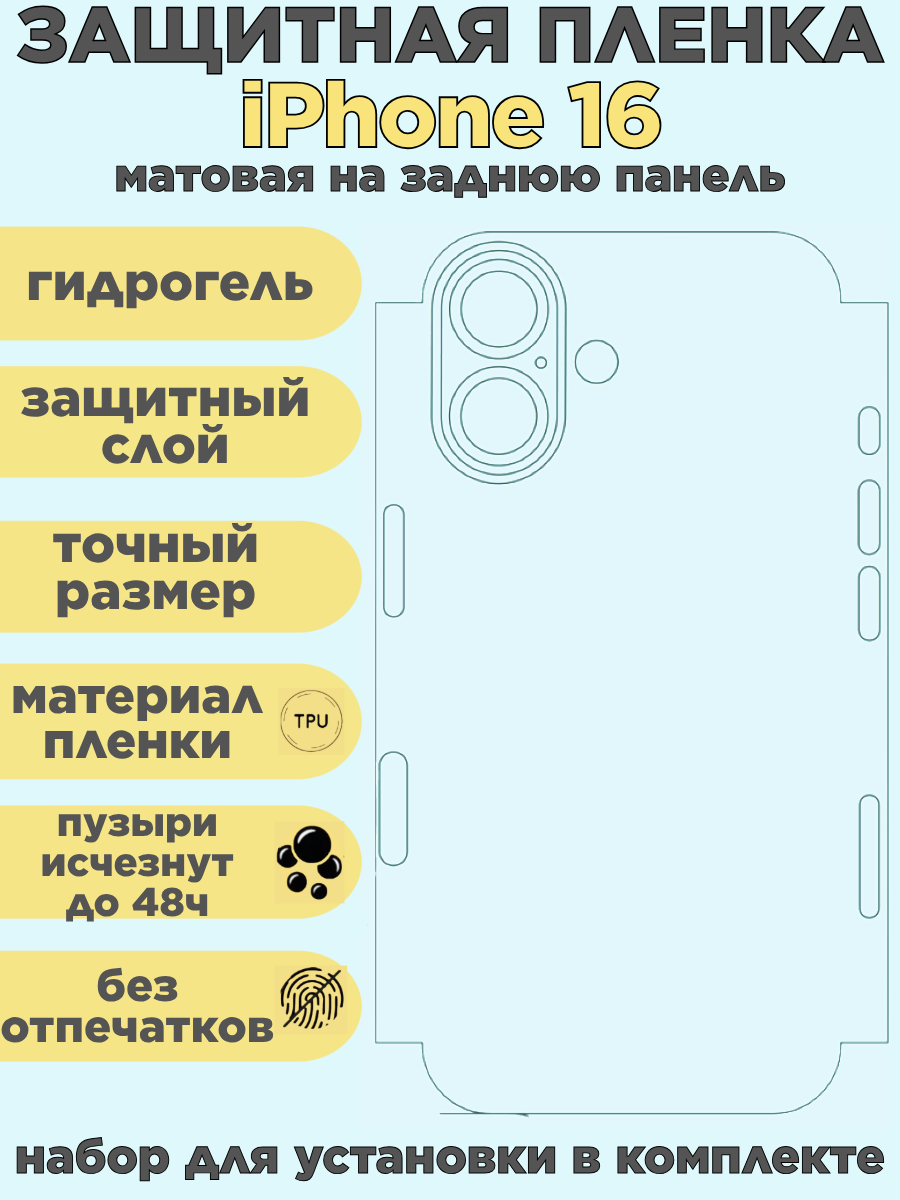 Задняя панель. Гидрогелевая полиуретановая защитная пленка для iPhone 16, матовая