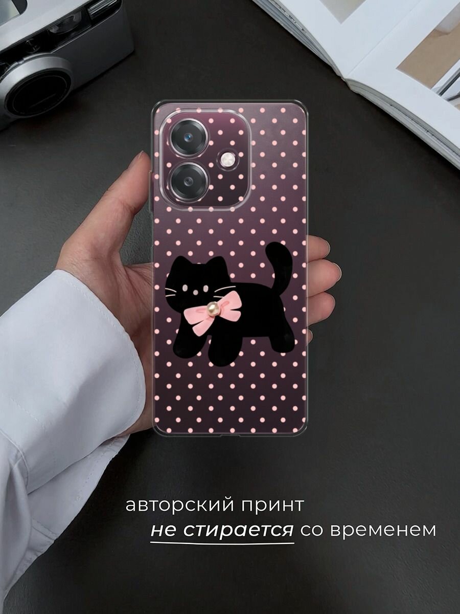 Чехол на Oppo A3/A3x / Оппо А3/A3x с принтом Черный котик с бантом, прозрачный — фото 1