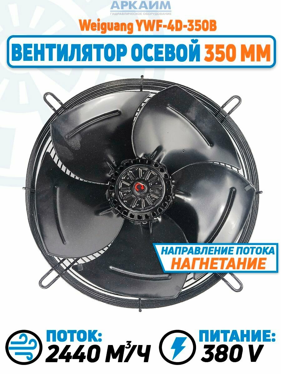 Вентилятор осевой 350 мм YWF4D-350В-102/34-G, 380 В, 129 Ватт. Поток: Нагнетание (на радиатор) в комплекте с защитной решеткой.