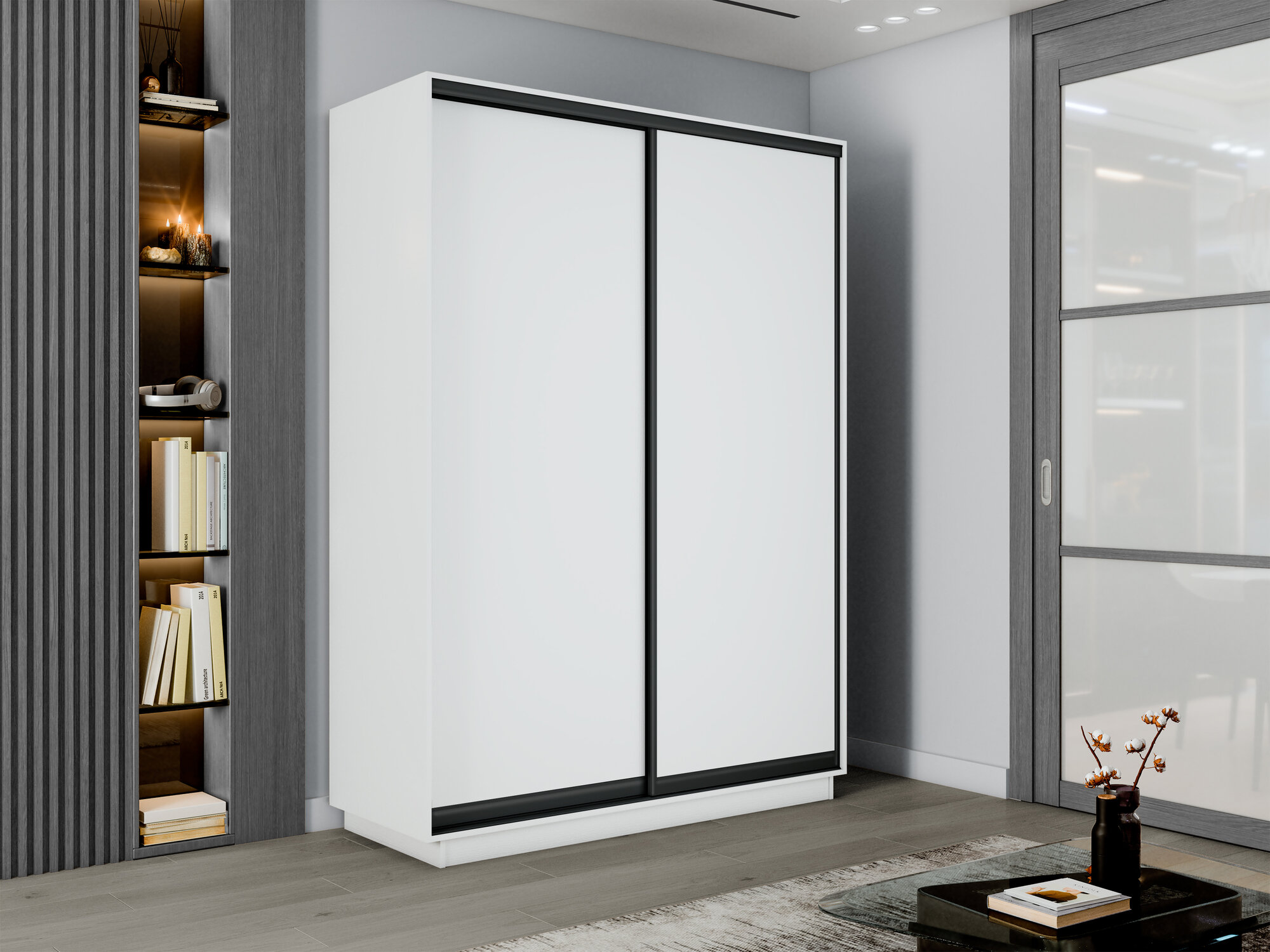 Шкаф купе Вилли 2-х дверный ЛДСП, профиль черный 120 см х 240 см х 60 см (Белый снег)