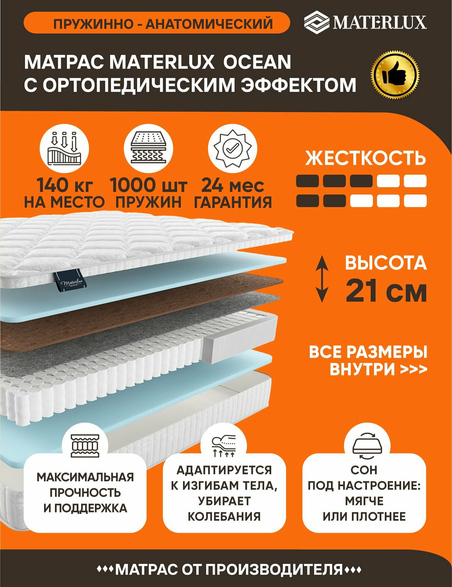 Матрас Materlux Ocean 90х210 серии Lux высота 21 см анатомический средней жесткости кокосовый Независимые пружины