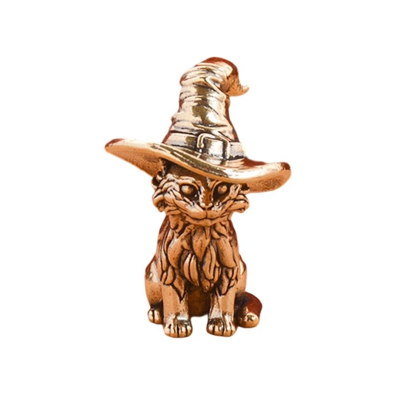 Elegant Witch Cats Brass Figurine Vintage Decors Kitten Miniature Statue for Living Room Study Shelf Display Ornament