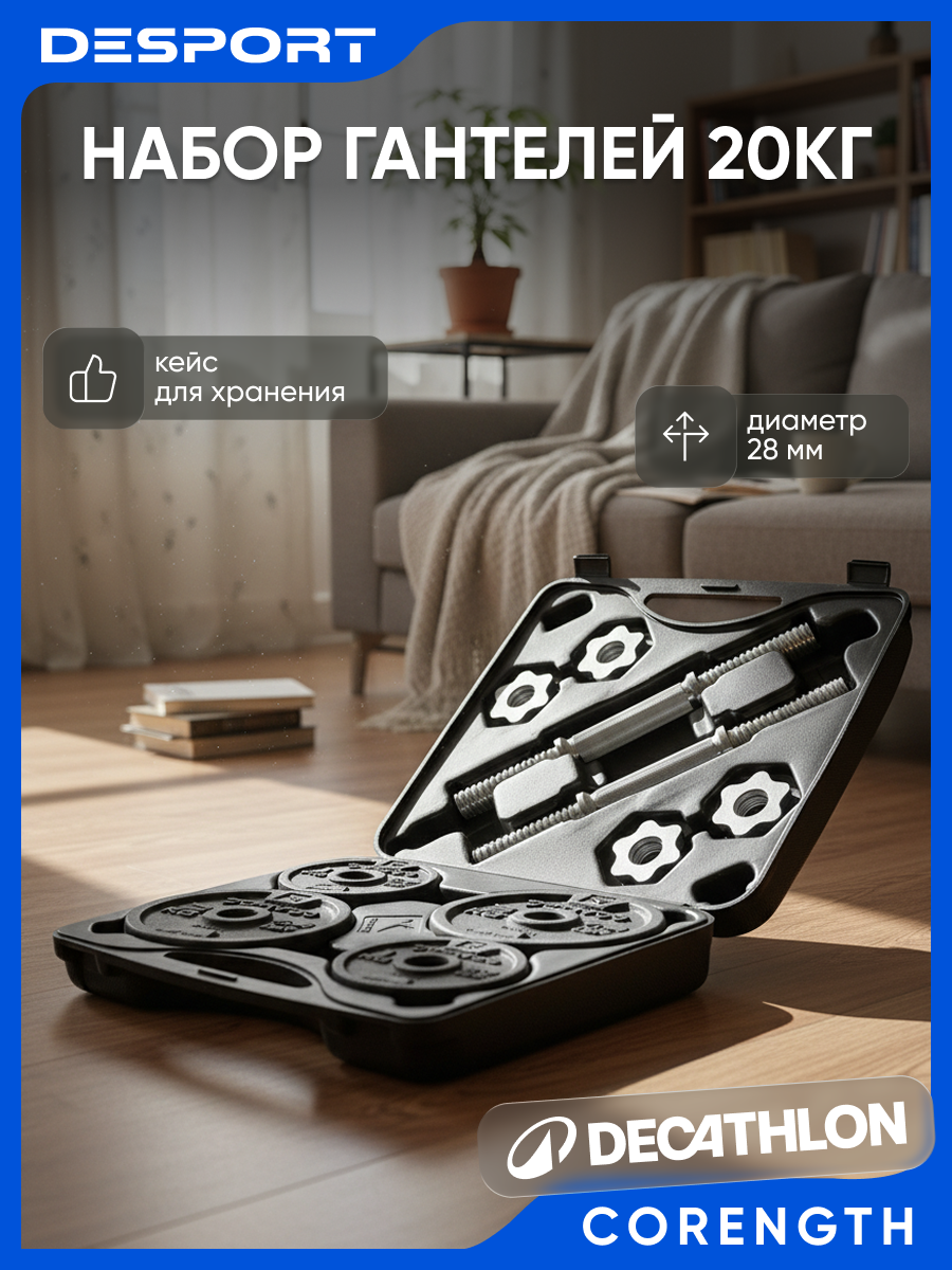 Набор гантелей DOMYOS, 20 кг, хромированные, в пластиковом кейсе