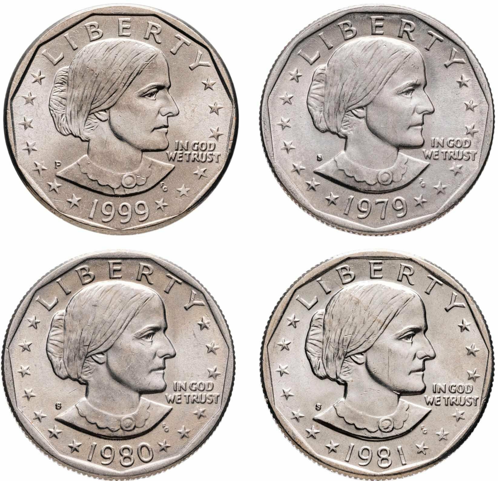 Набор из 4х монет США 1 доллар dollar 1979-1999 Сьюзен Энтони, медь с медно-никелевым покрытием, в сохранности AU-UNC