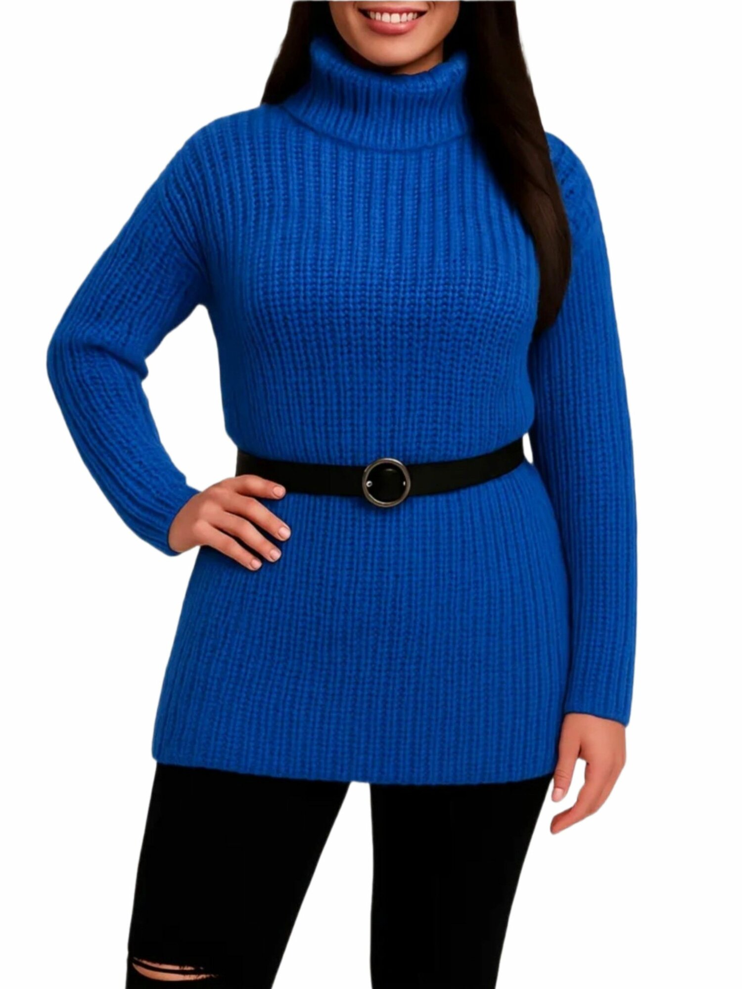 Свитер  вязаный крупной вязки теплый удлиненный шерстяной с горлом