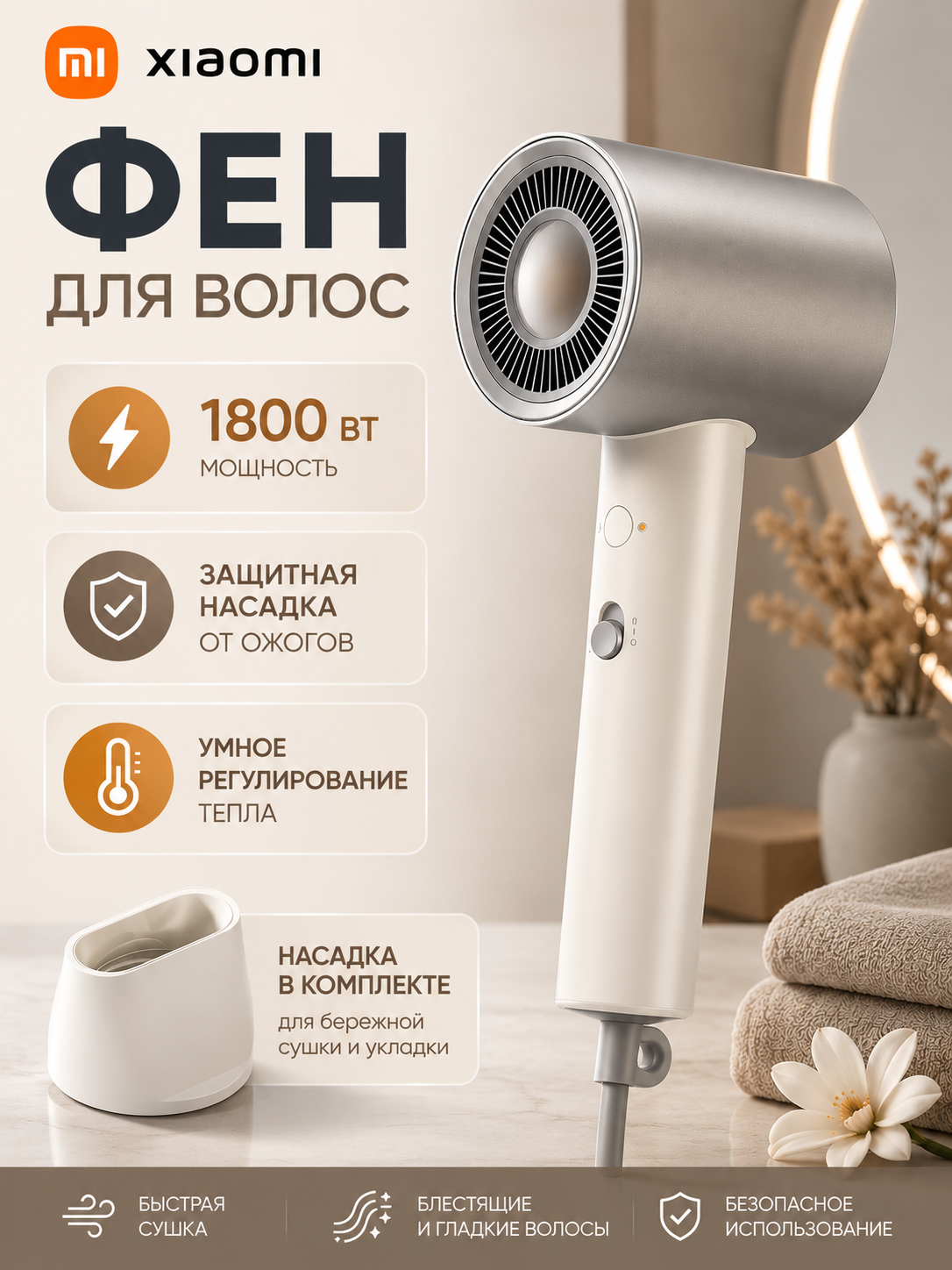 Фен для волос Mijia Water Ion Hair Dryer H500, высокоскоростной, White, мощный, профессиональный, дорожный маленький