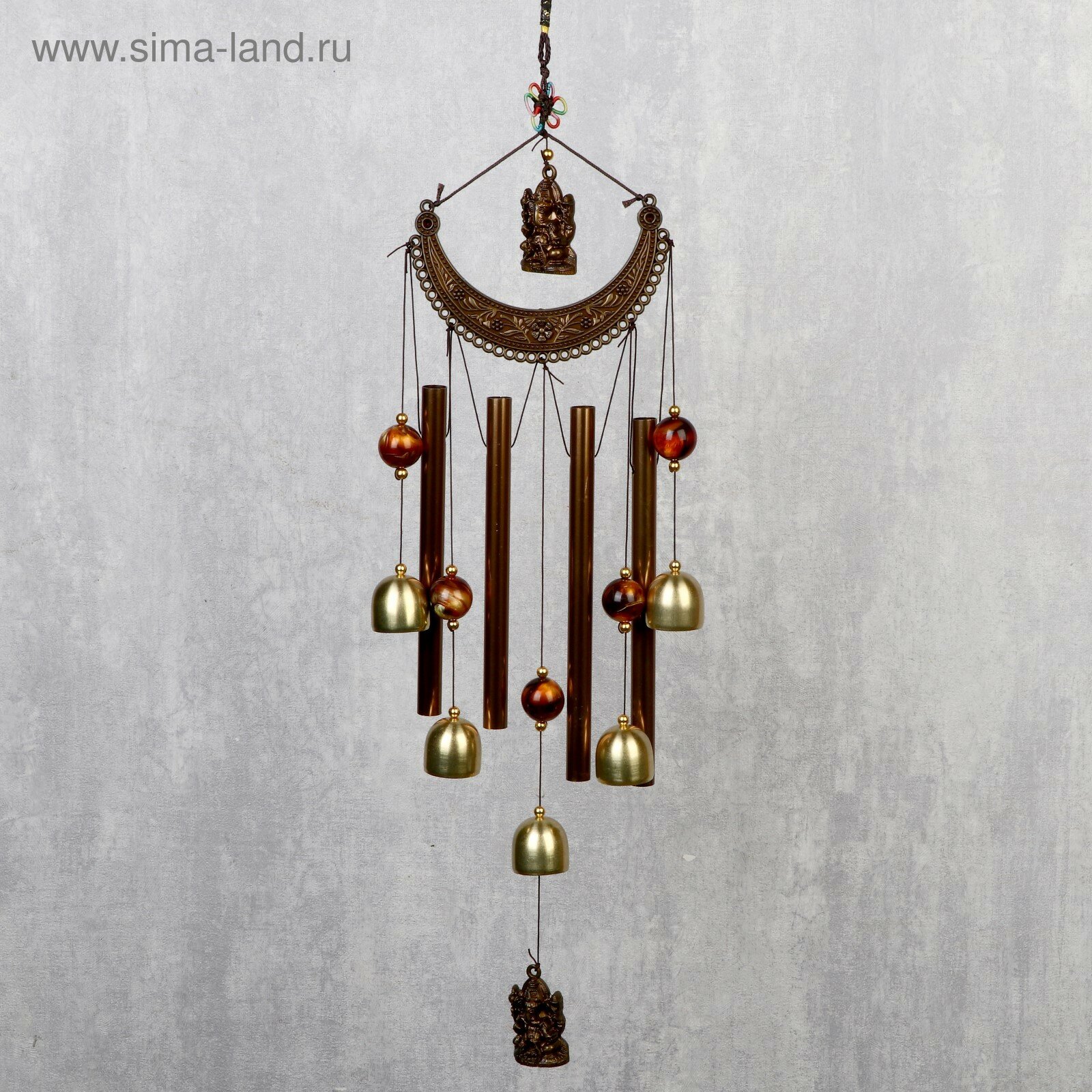 Музыка ветра металл "Ганеша" 4 трубки, 5 колокольчиков 65 см