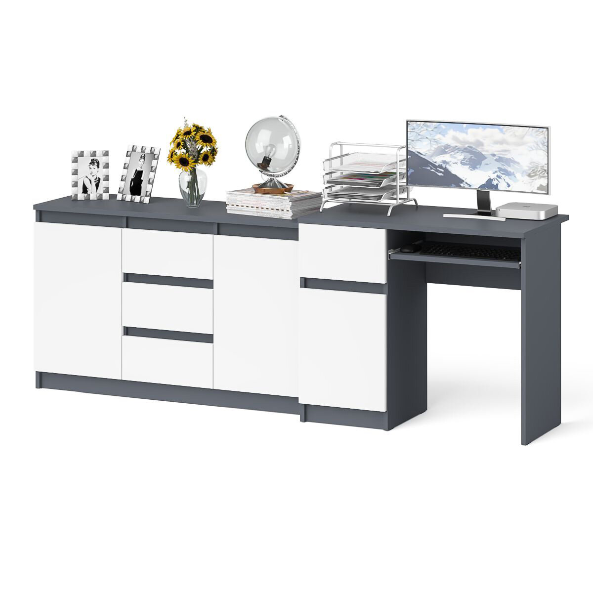 Стол компьютерный СВК Мори МС-1 левый + Комод МК1200.3 Графит/Белый