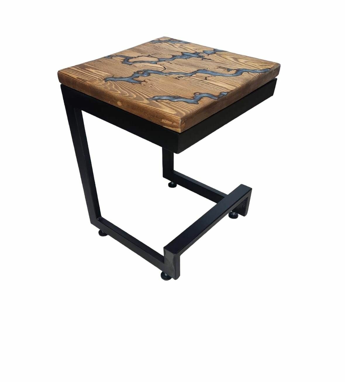 Табурет на массиве сосны цвета палисандр с синими молниями в стиле лофт 35х35х45