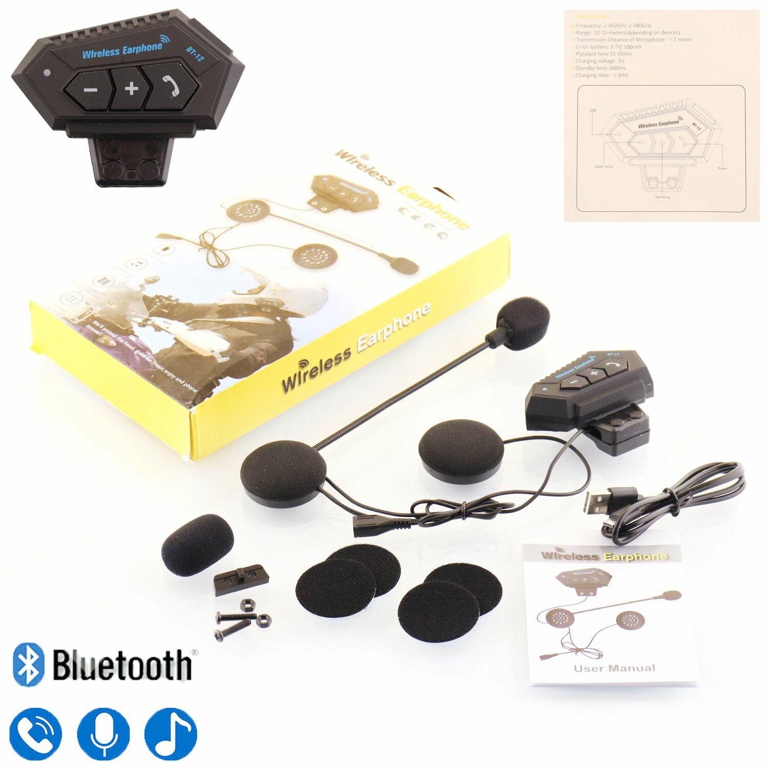 Гарнитура для мотоциклетного шлема (Bluetooth V4.2, стерео, 120ч в ожидании, 500mA,)