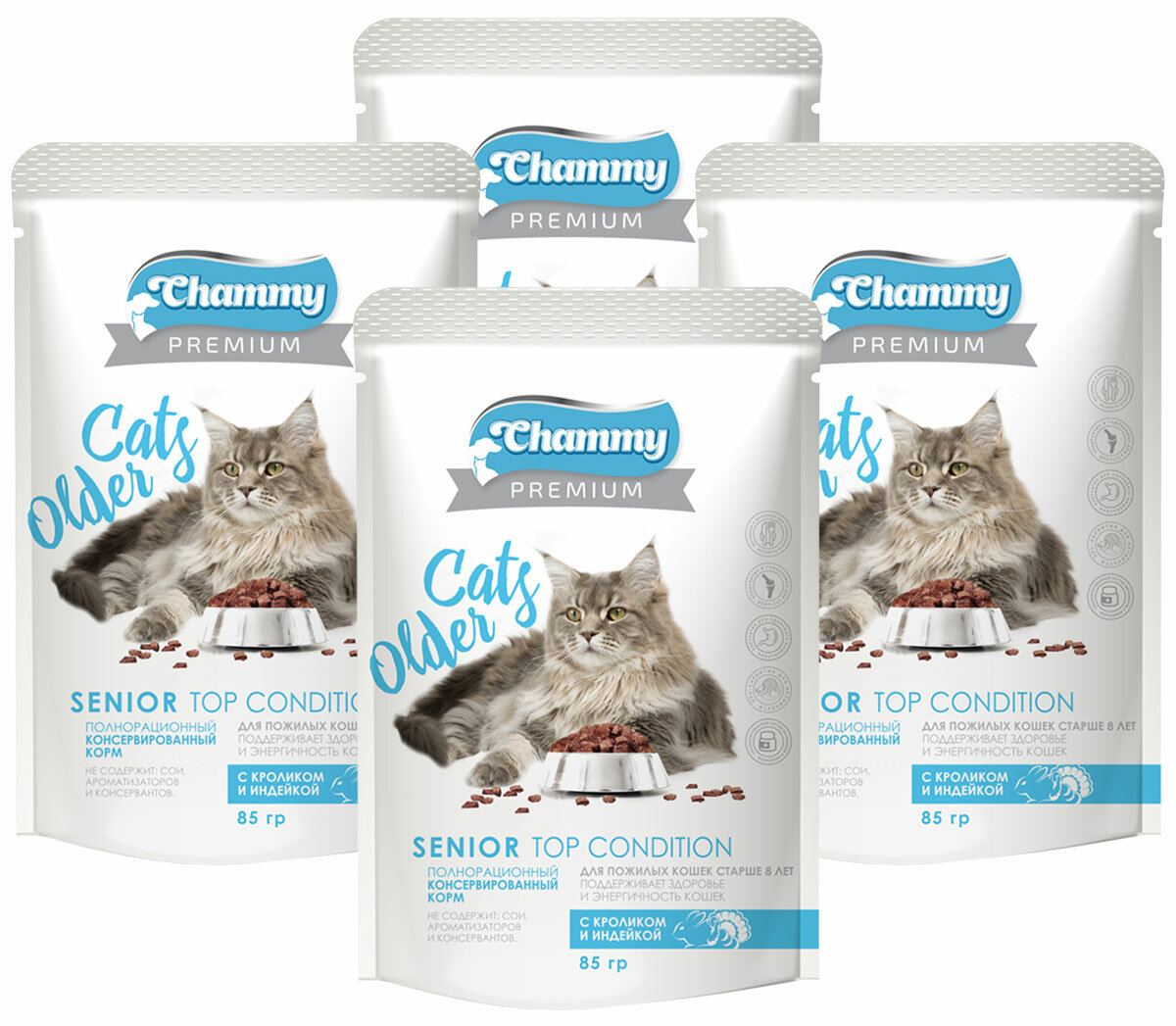 CHAMMY PREMIUM SENIOR для пожилых кошек старше 8 лет с кроликом и индейкой пауч 85 гр 85 гр х 4 шт
