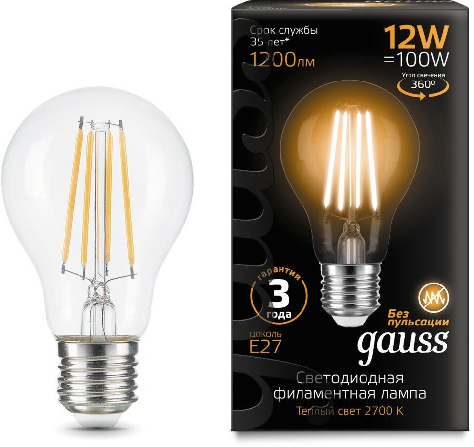 Лампа светодиодная Gauss Filament 102902112 12Вт цок: E27 груша 185B 2700K св. свеч. бел. теп. грушевидная (упак:1шт)