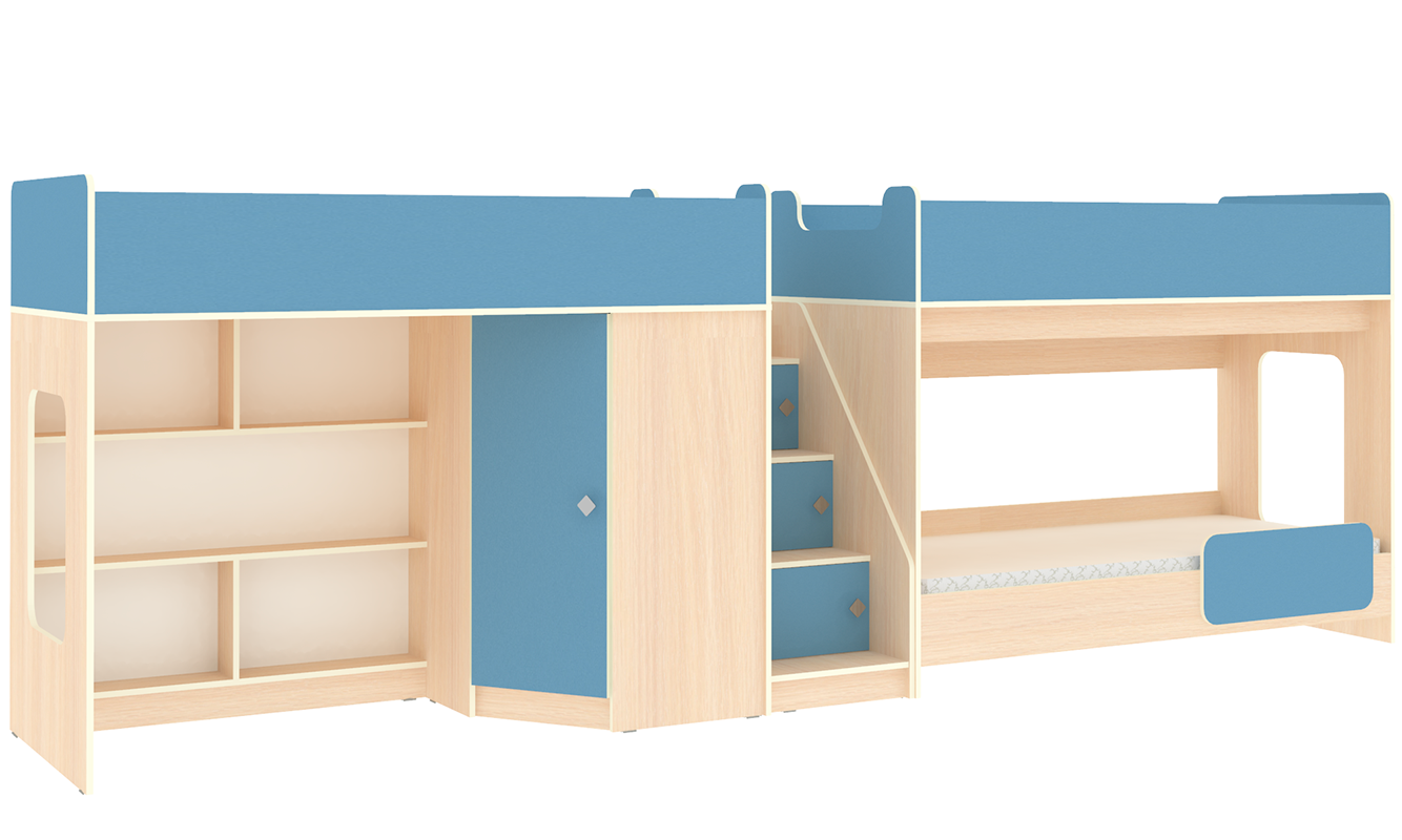 Трехъярусная кровать Л 43.2.5 Дуб молочный - Светло Синий/Голубой