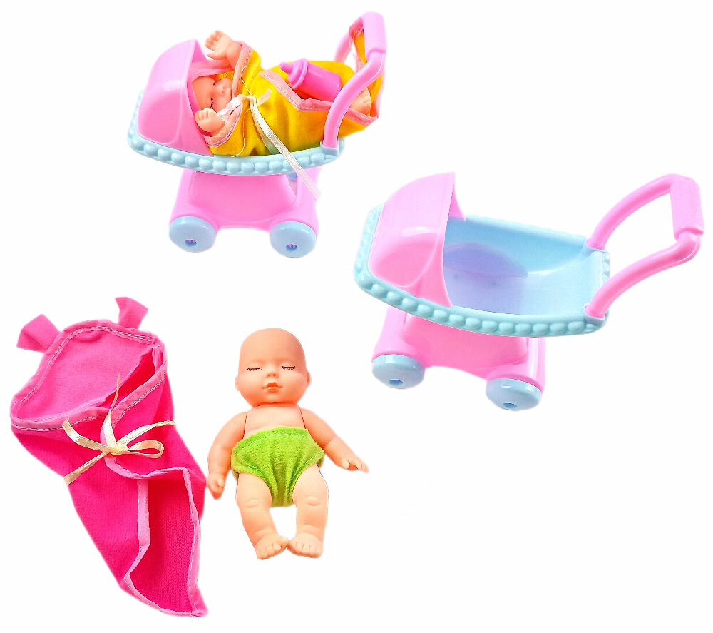Пупс (12см) в коляске с бутылочкой в пакете