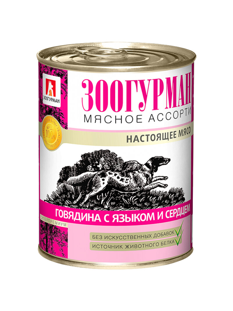 Зоогурман Консервы для собак Мясное Ассорти Говядина с языком и сердцем, 350г 0.35 кг