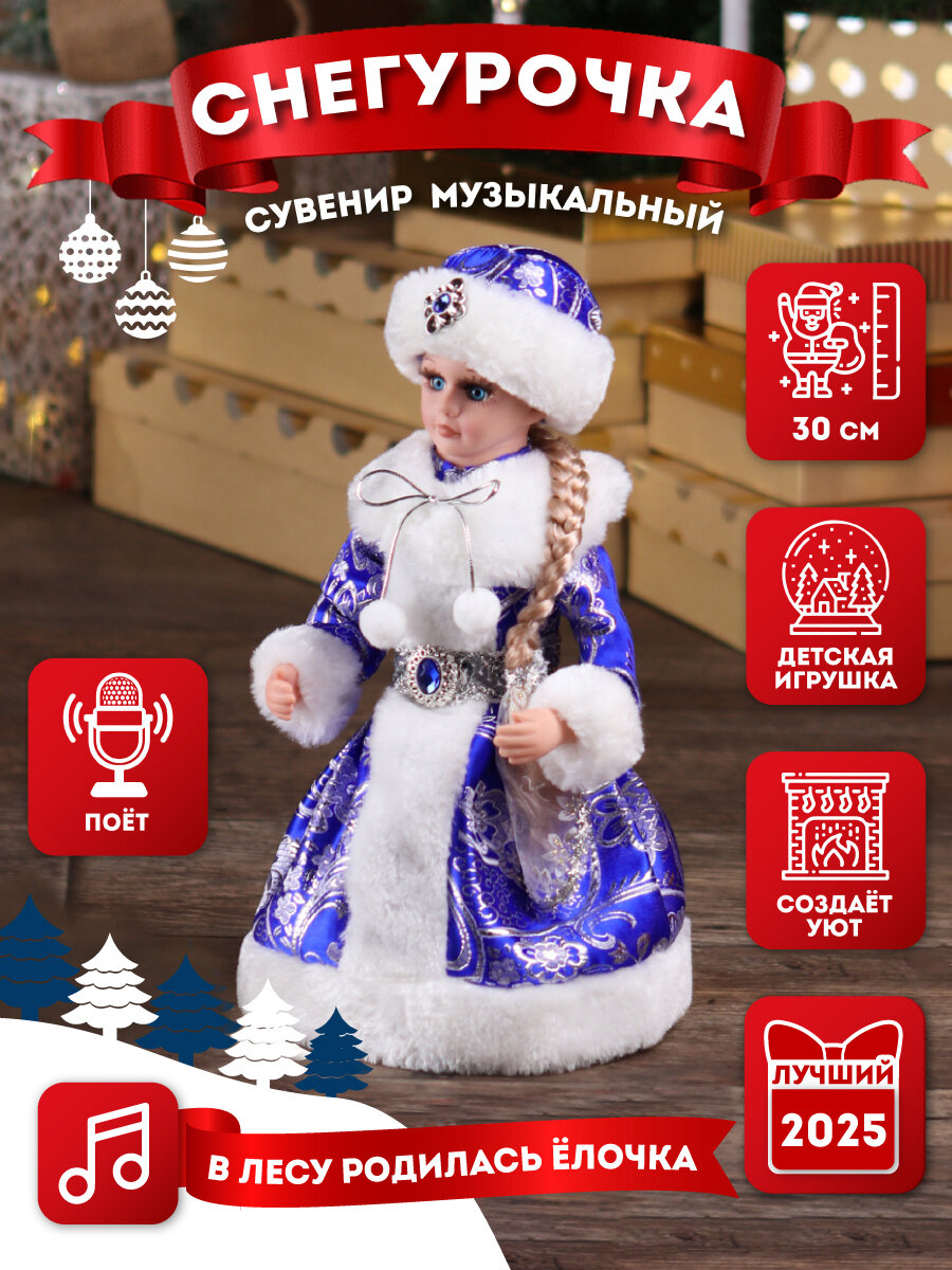 Снегурочка музыкальная Miland "Внучка деда мороза в синей шубе с поясом" с мелодией, 30 см (в коробке)