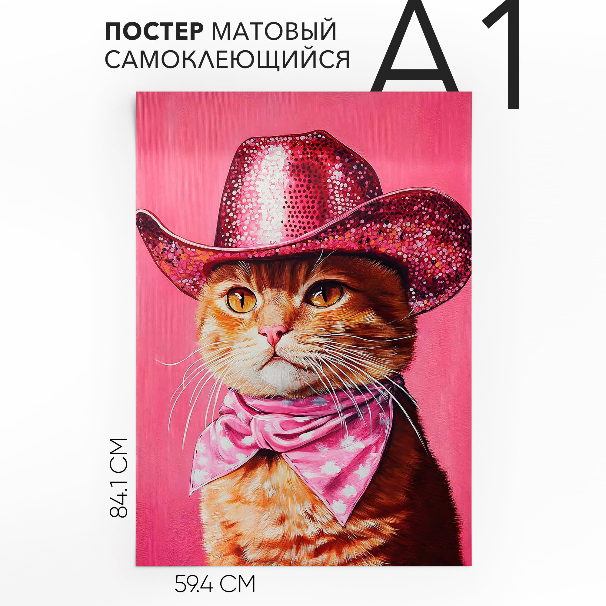 Интерьерные постеры на стену самоклеящийся, большой A1 Кошка в шляпе, влагостойкий, для декора