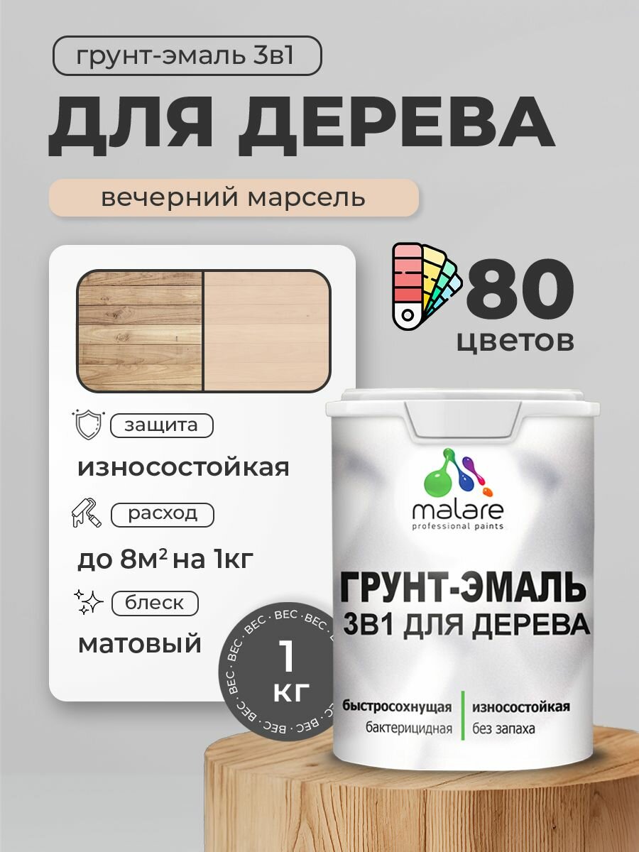 Акриловая Грунт-Эмаль 3 в 1 Malare для деревянных поверхностей/ краска по дереву с антисептическим эффектом/ быстросохнущая моющаяся без запаха матовая, вечерний марсель, 1 кг