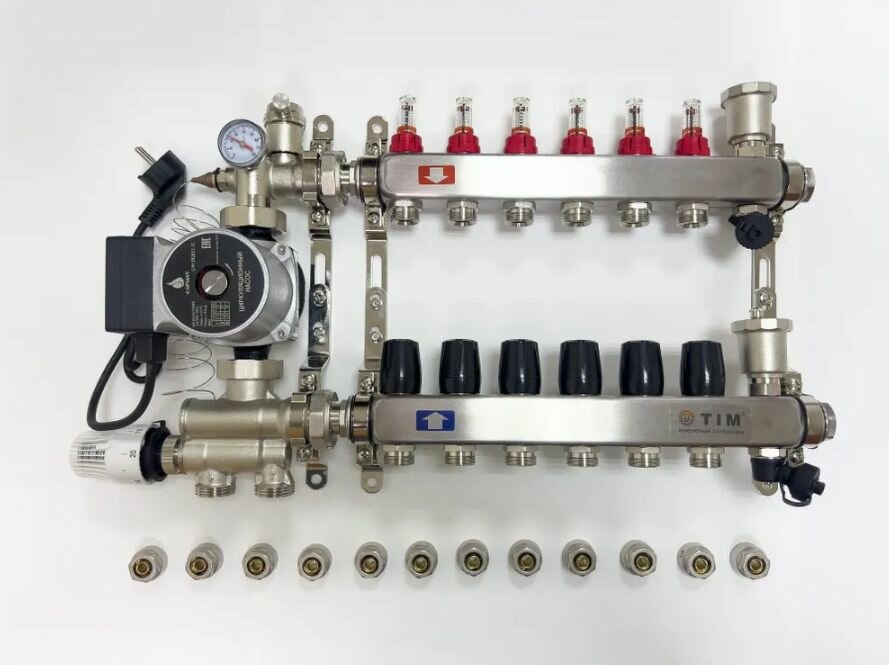 Комплект для водяного теплого пола с насосом, коллектором на 6 выхода с расходомерами, смесительным узлом, евроконусами TIM (до 80 кв. м)