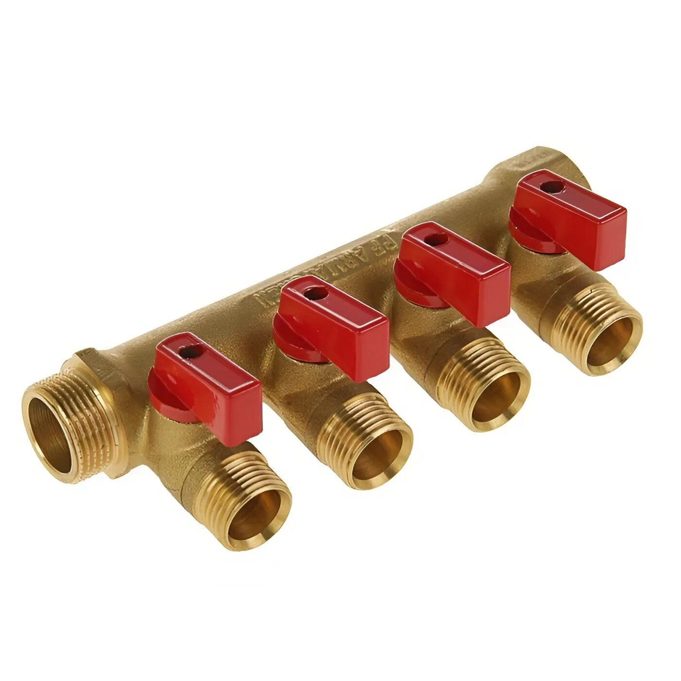 Коллектор латунь 3/4" ВР/НР на 4 вых 1/2" НР м/о 35мм с шаровыми кранами, красные ручки 9026 Aquasfera 9026-03