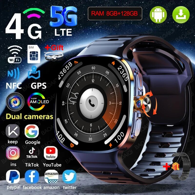 Smartwatch 5G/4G Google Play 8G 128G, Steel black