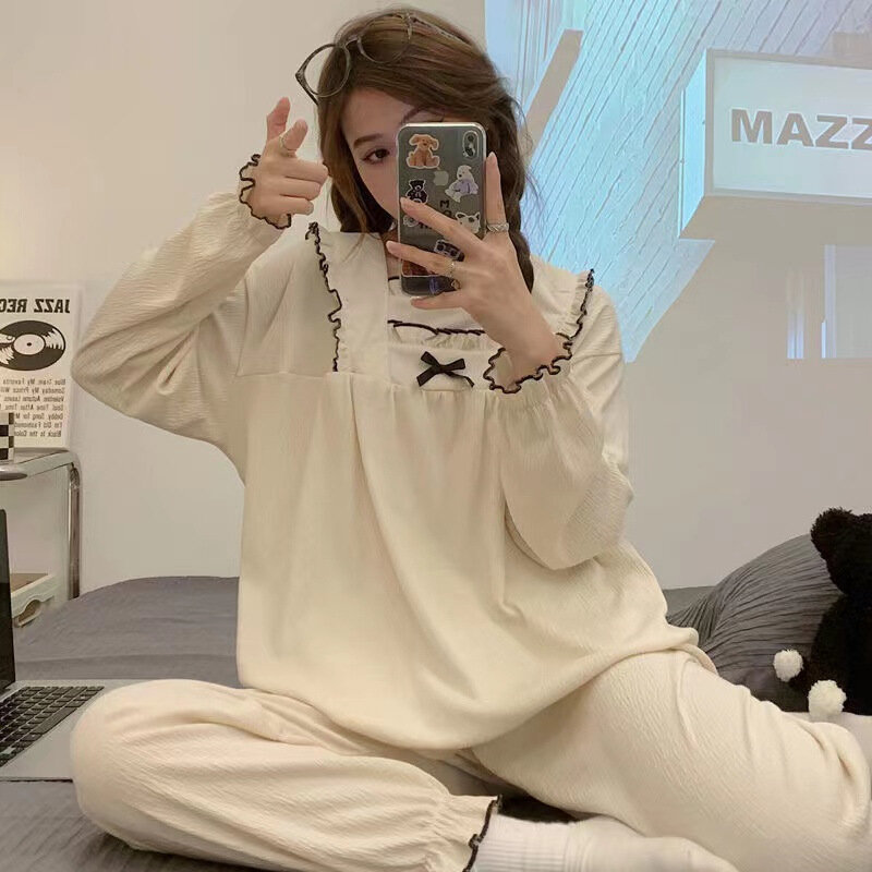 Весна и осень, хлопковые брюки-кюлоты в стиле принцессы с длинным рукавом и квадратным вырезом, домашняя одежда, женский костюм, стиль для девочек, размер: M