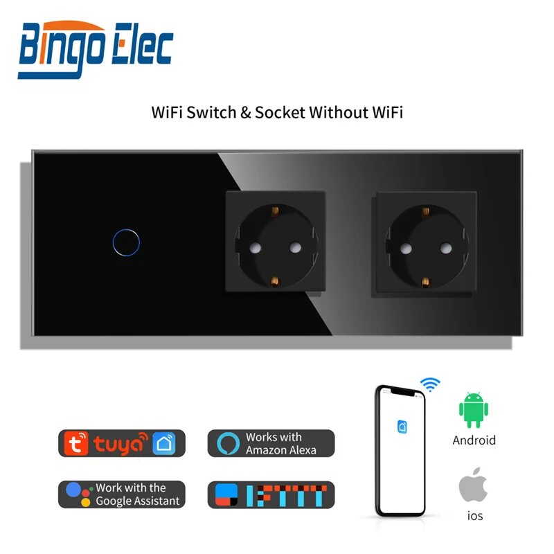 Настенный сенсорный выключатель Bingoelec с Wi-Fi и двумя стандартными евророзетками, выключатели света на 1/2/3 клавиши, работают с Alexa Tuya Google Home, Black 1gang, Need Neutral Wire